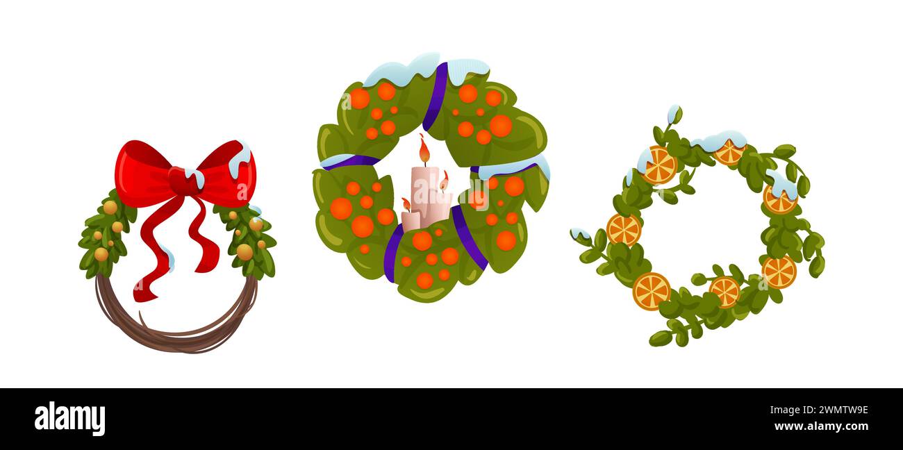 Set of xmas wreaths isolated on white background. Vector cartoon ...