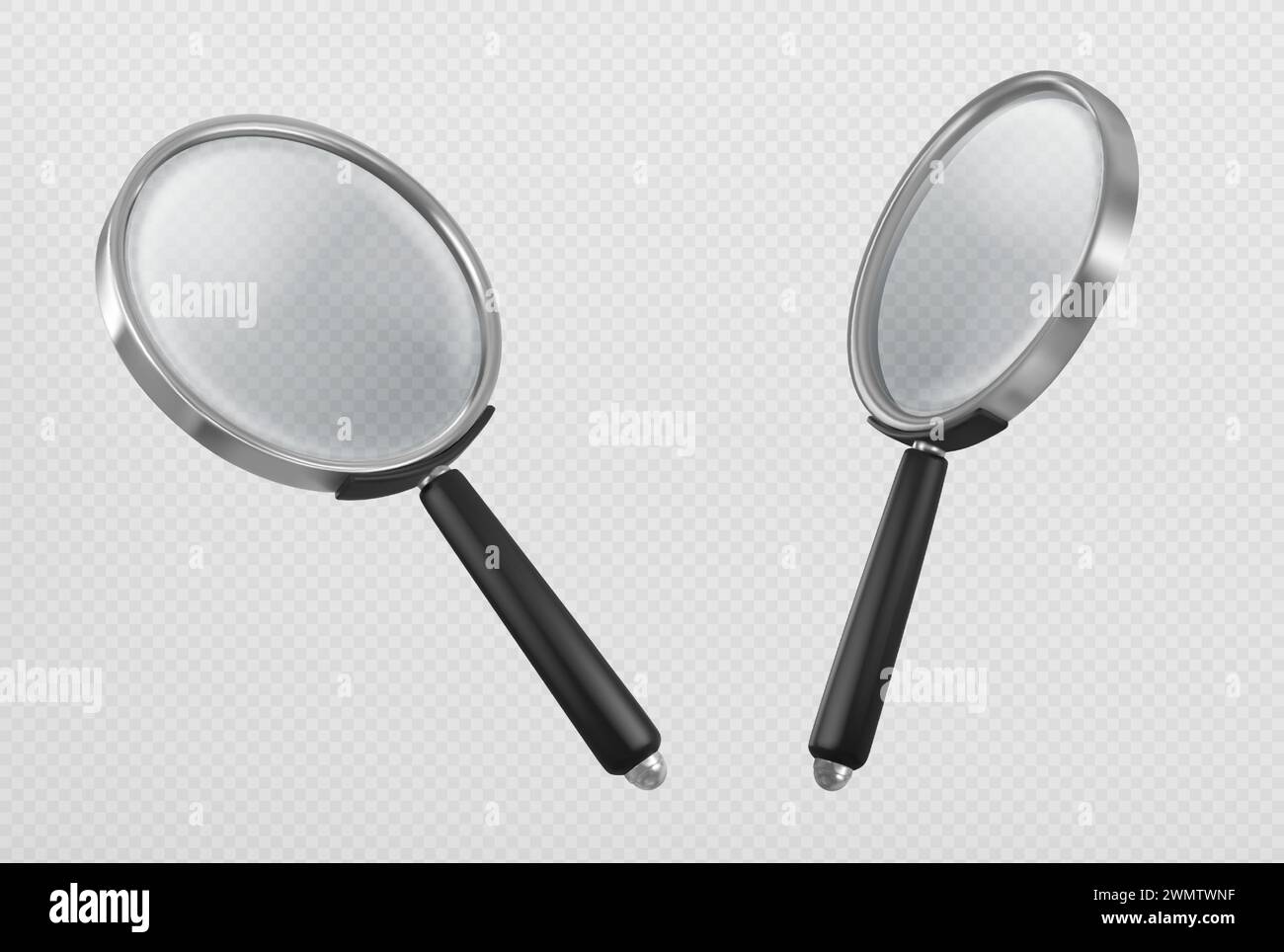 Magnify glass in different view angles. Realistic vector set of metal ...