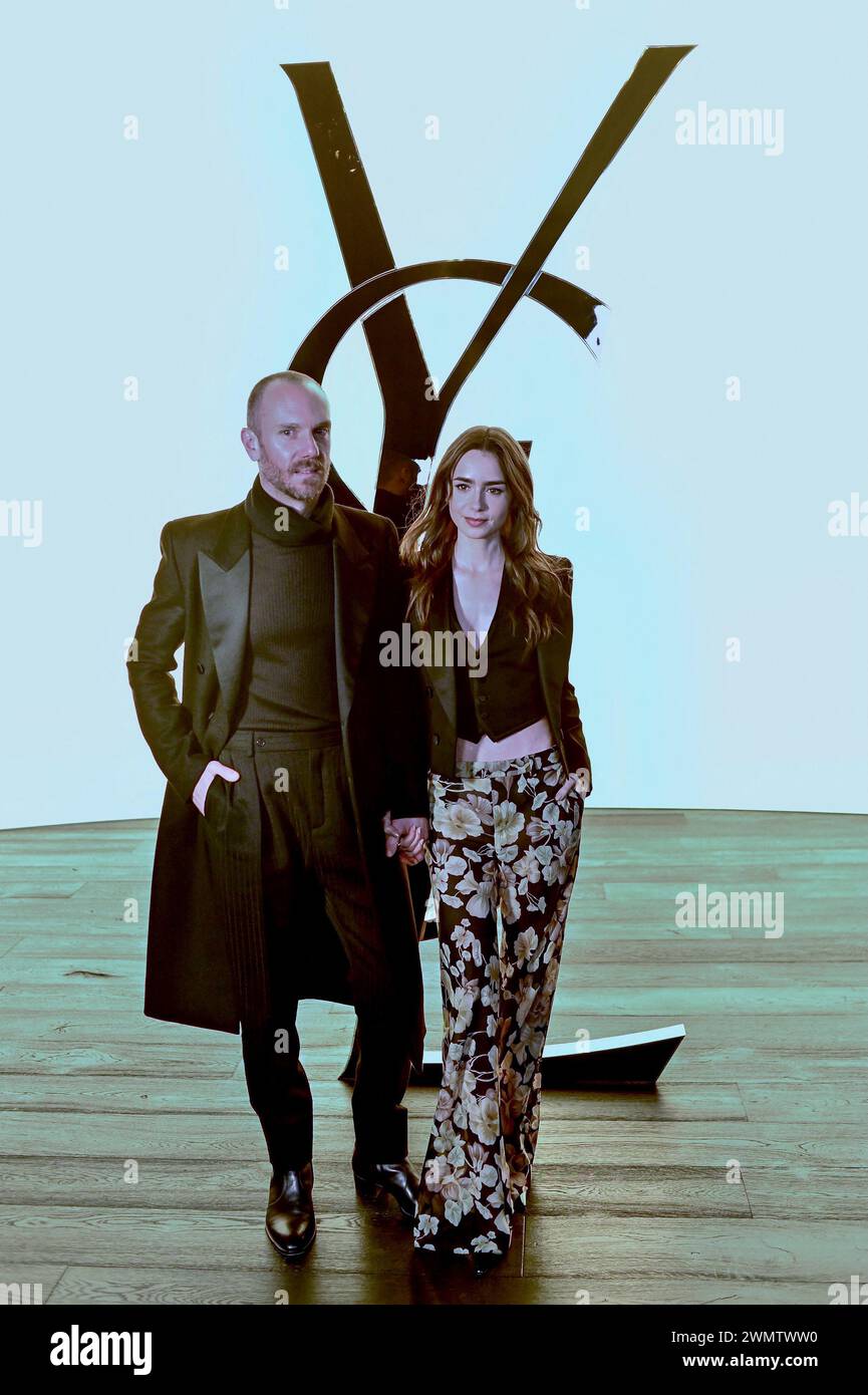 Charlie McDowell and Lily Collins attends the Saint Laurent Womenswear ...