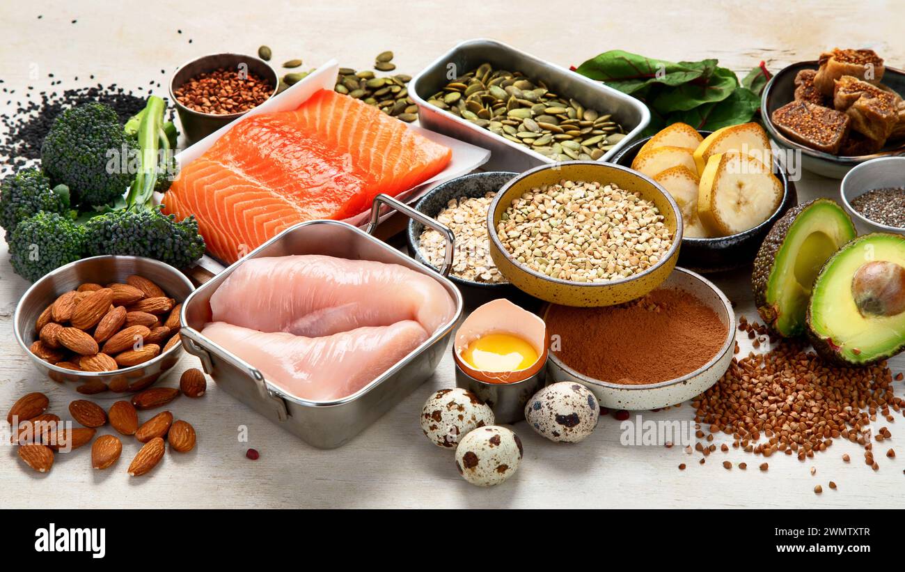Foods containing natural magnesium (Mg). Healthy food concept Stock ...