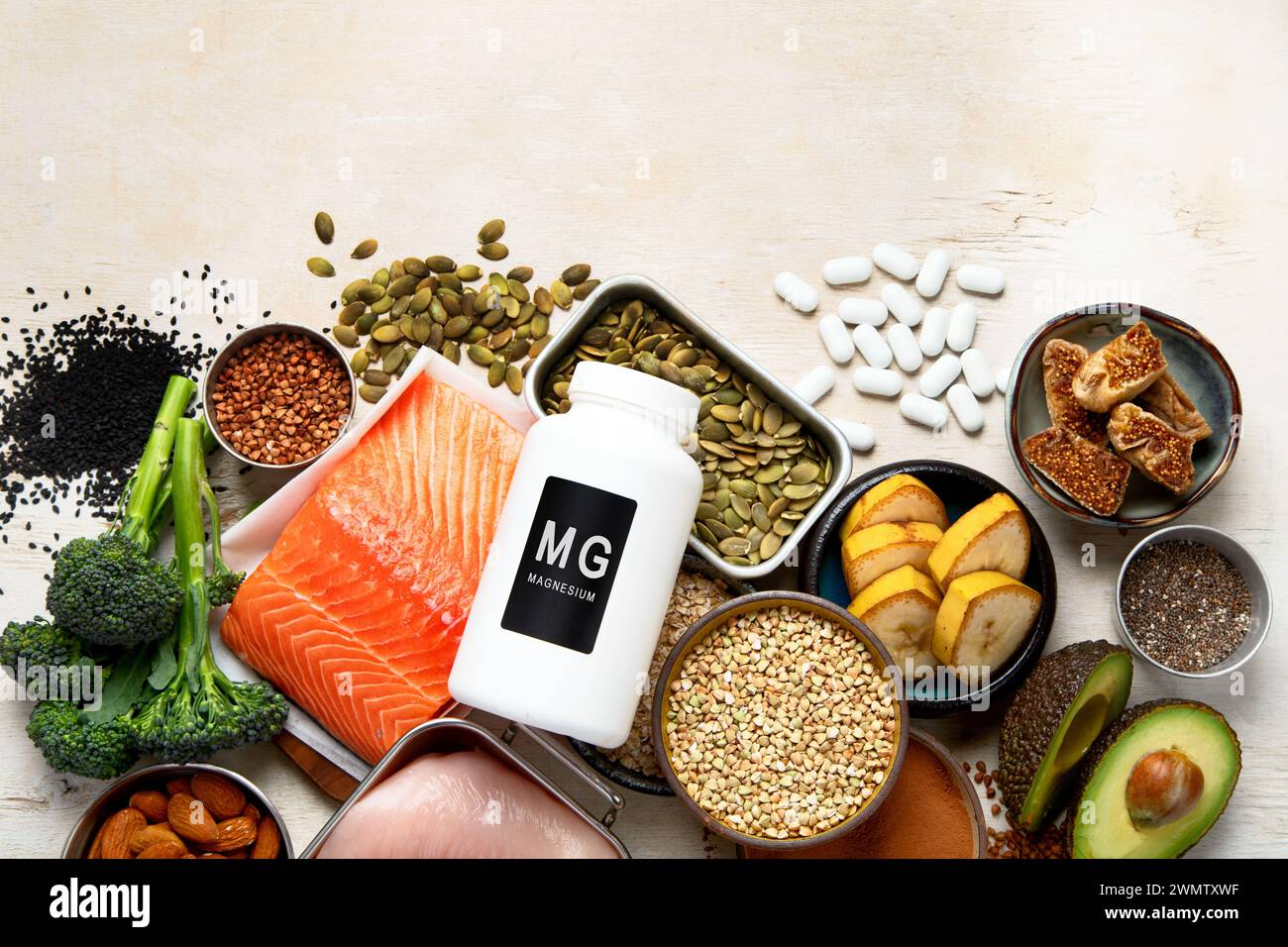 Foods containing natural magnesium (Mg). Healthy food concept. Top view ...