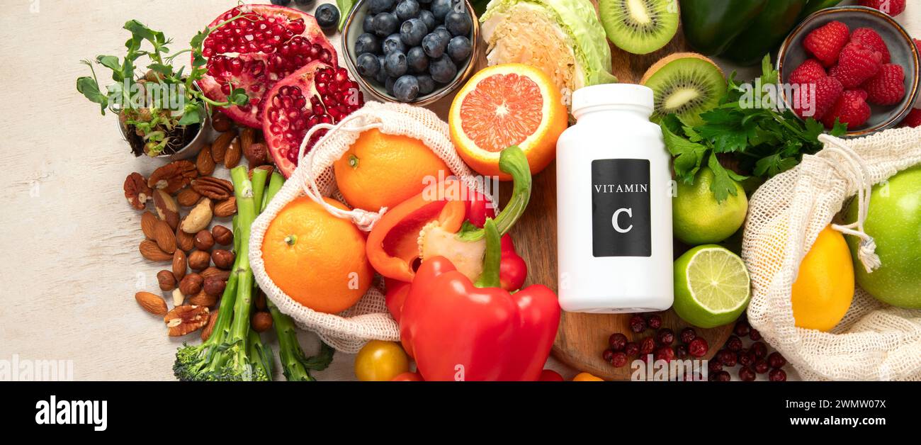 Products high in vitamin C. Healthy food concept. Top view, copy space ...