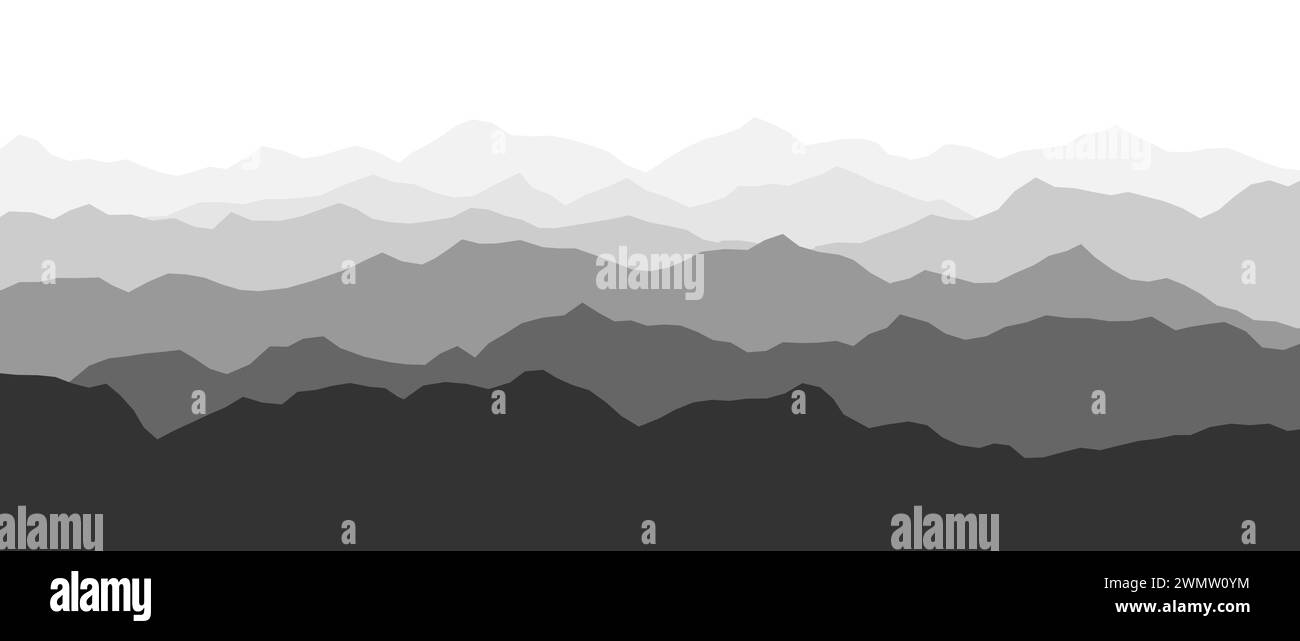 Black and white mountain range silhouettes. Haze panoramic landscape ...