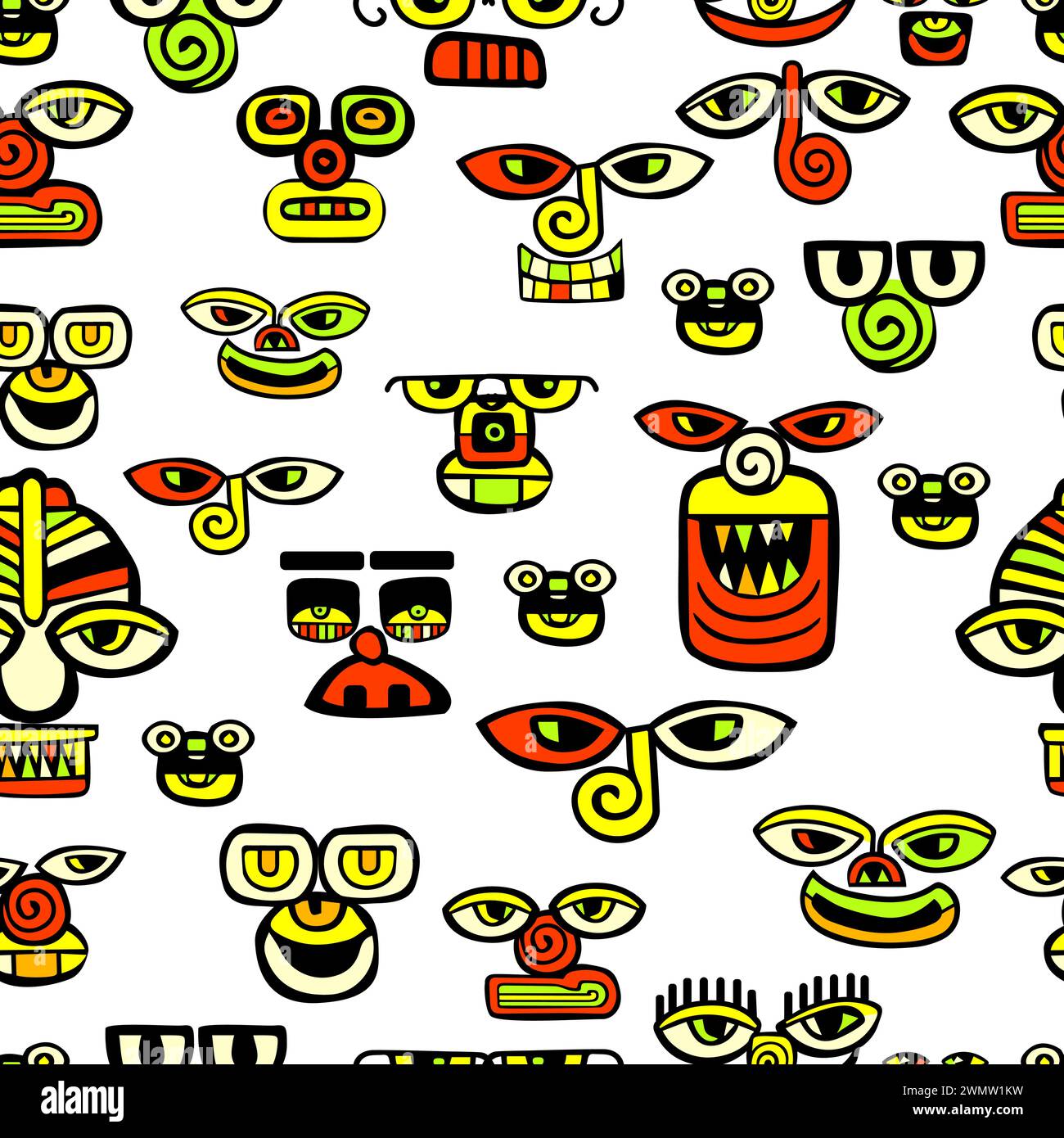 Abstract graphic colored faces seamless pattern. Ancient Inca mask ...