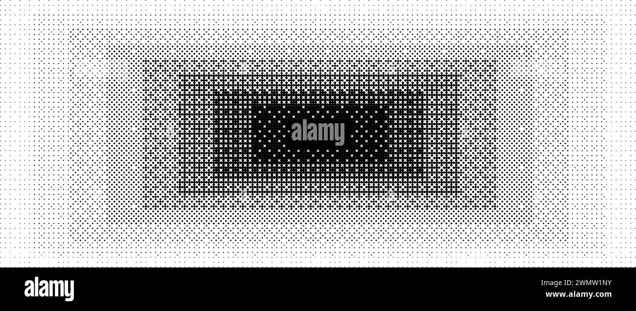 Pixelated gradient rectangle frame. Black dithered radial gradation texture. Retro bitmap game ...