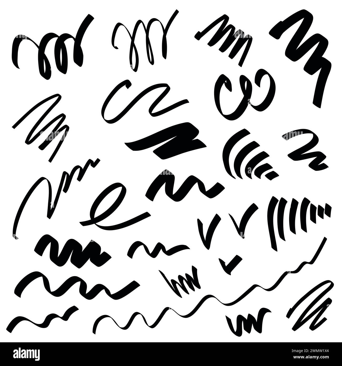 Vector set of abstract scribble bold brush pen elements. Hand drawn grunge paint stains ...