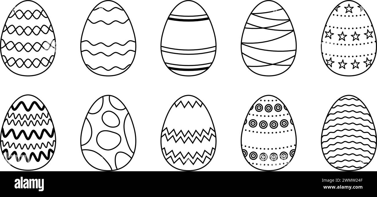Black and white Easter eggs set. Spring linear egg icon collection with ...
