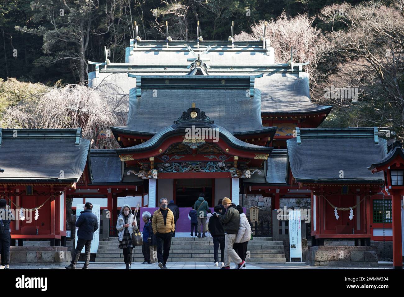 A picture shows the main hall at Kirishima Jingu Shrine in Kirishima ...