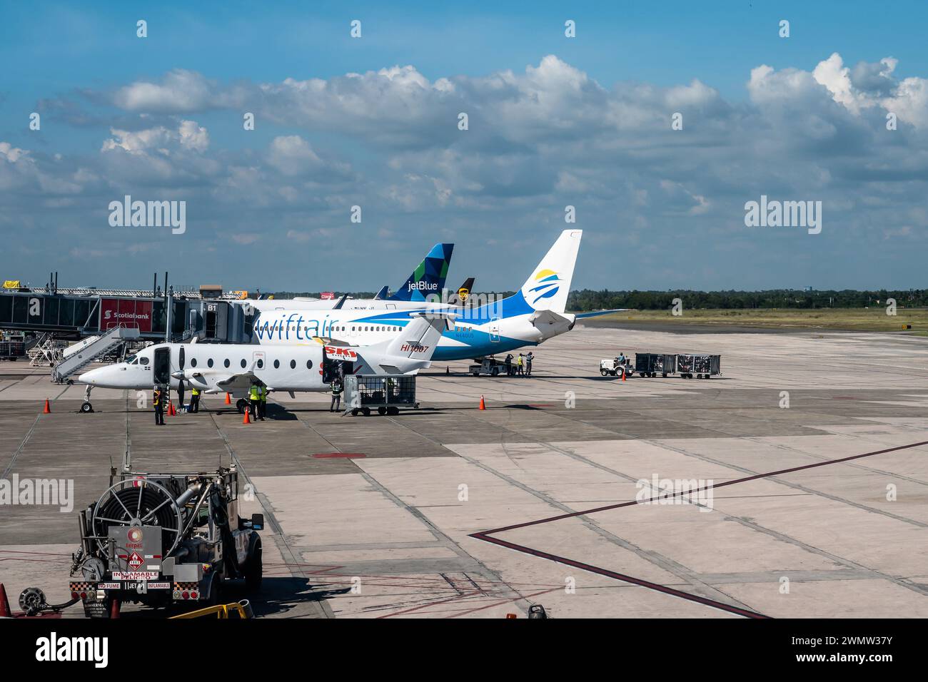 Panama 18.11.19 Swift Air Airline airplane jet starting on the airport ...