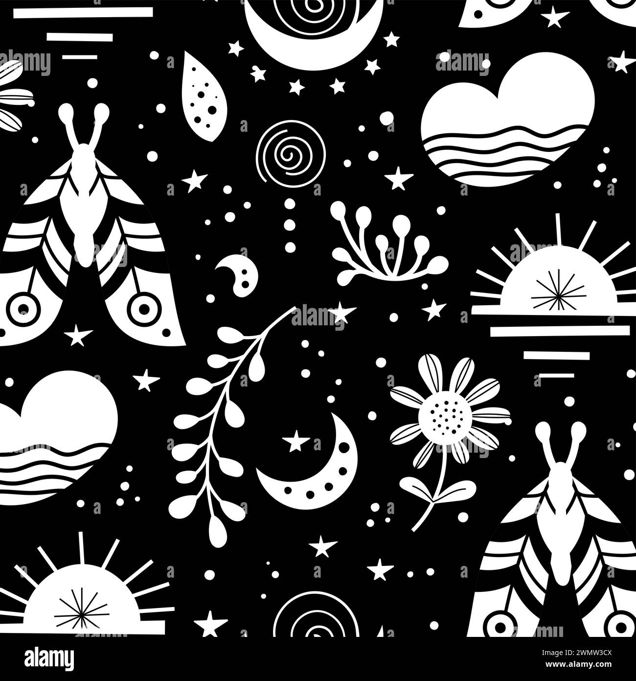 Seamless neo folk art vector pattern with butterfly, moth and flowers ...