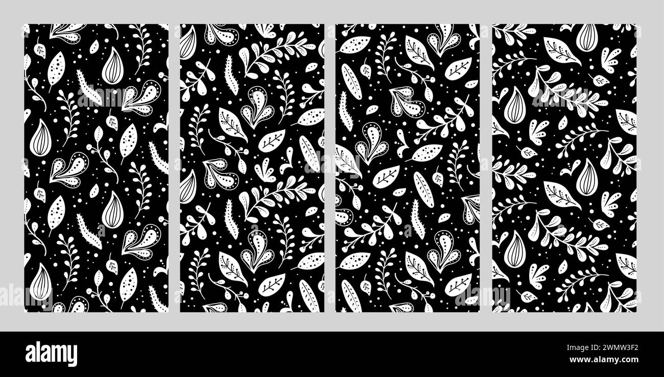Seamless neo folk art vector patterns set with flowers, black and white ...