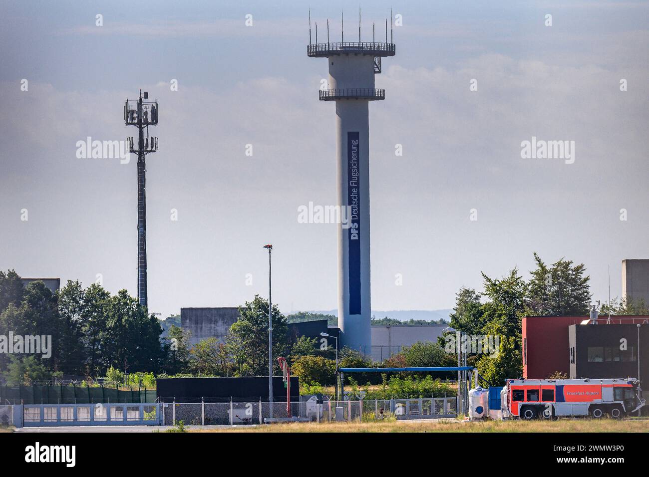 FRANKFURT, GERMANY 11.08.2019 Radar tower of the Deutsche Flugsicherung ...