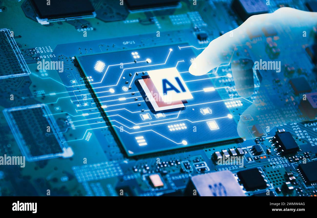 Artificial intelligence AI and machine learning concept. A futuristic hand touching computer ...