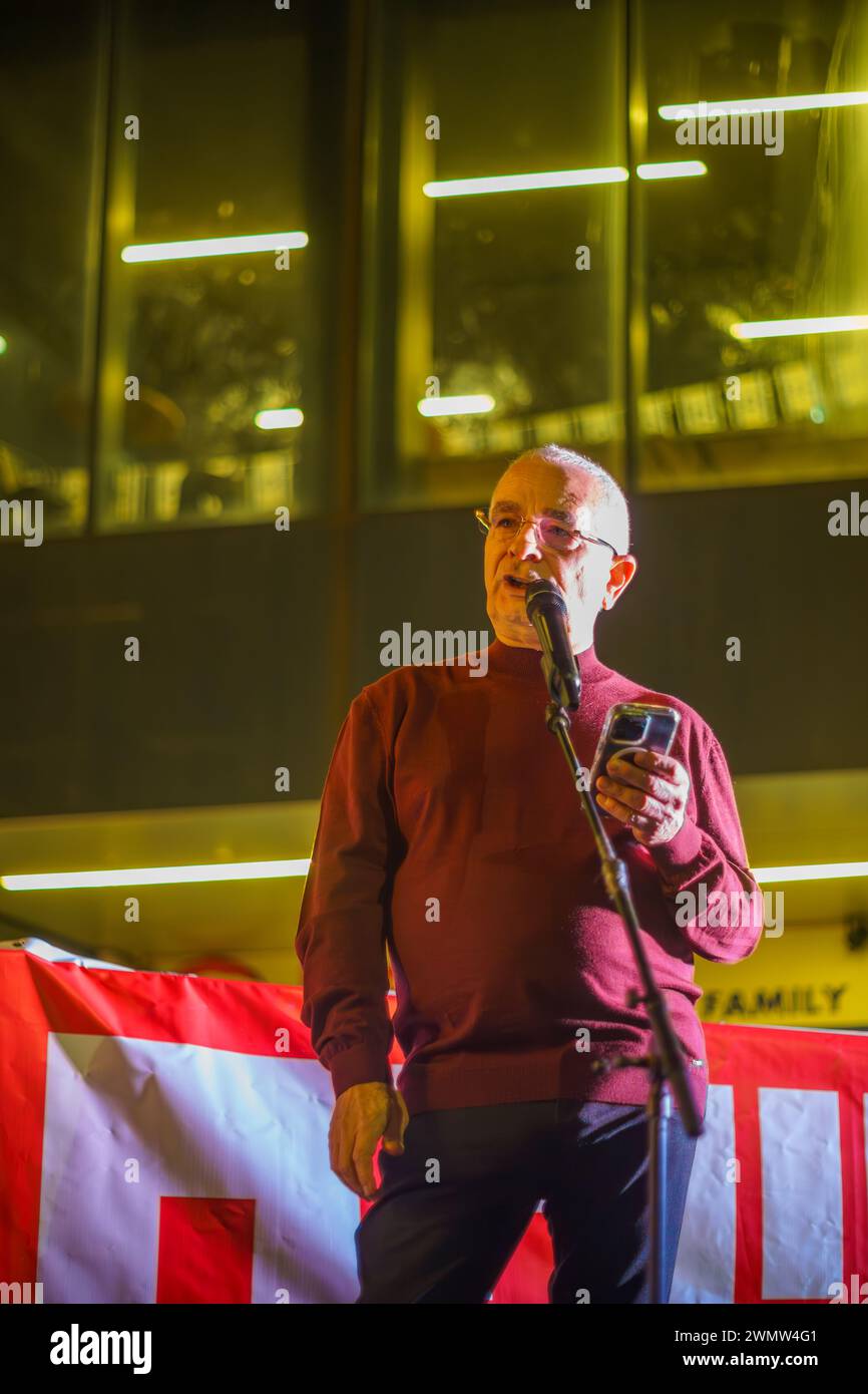 Haifa, Israel - February 24, 2024: General (ret.) Amos Malka speaks to the crowd, part of a ...