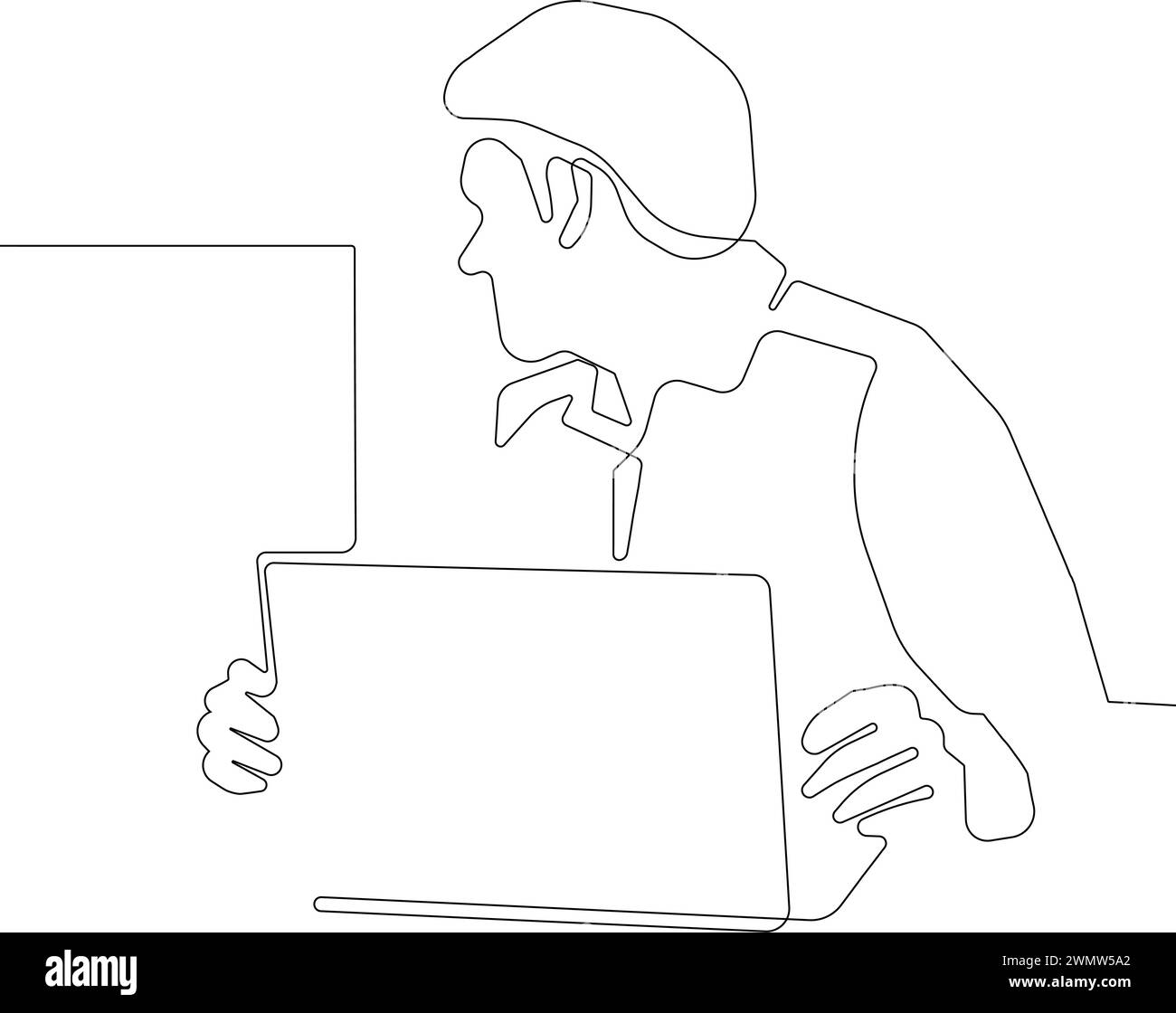 Continuous line drawing of a freelancer sitting at a computer. One ...