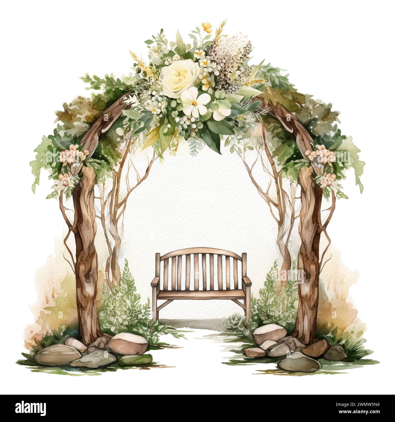 Watercolor wedding arch scene. Hand drawn isolated wood archway with ...