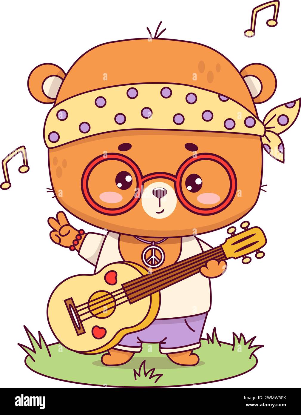 Cute retro groovy hippy bear boy with guitar. Funny animal kawaii ...