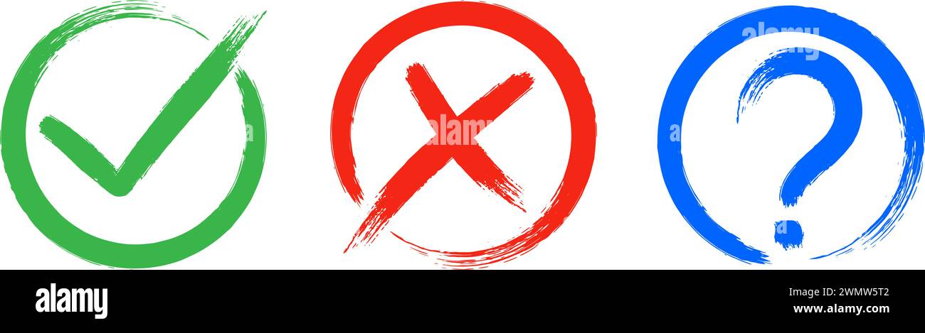 Dirty grunge cross x, tick OK and question check marks in check boxes ...