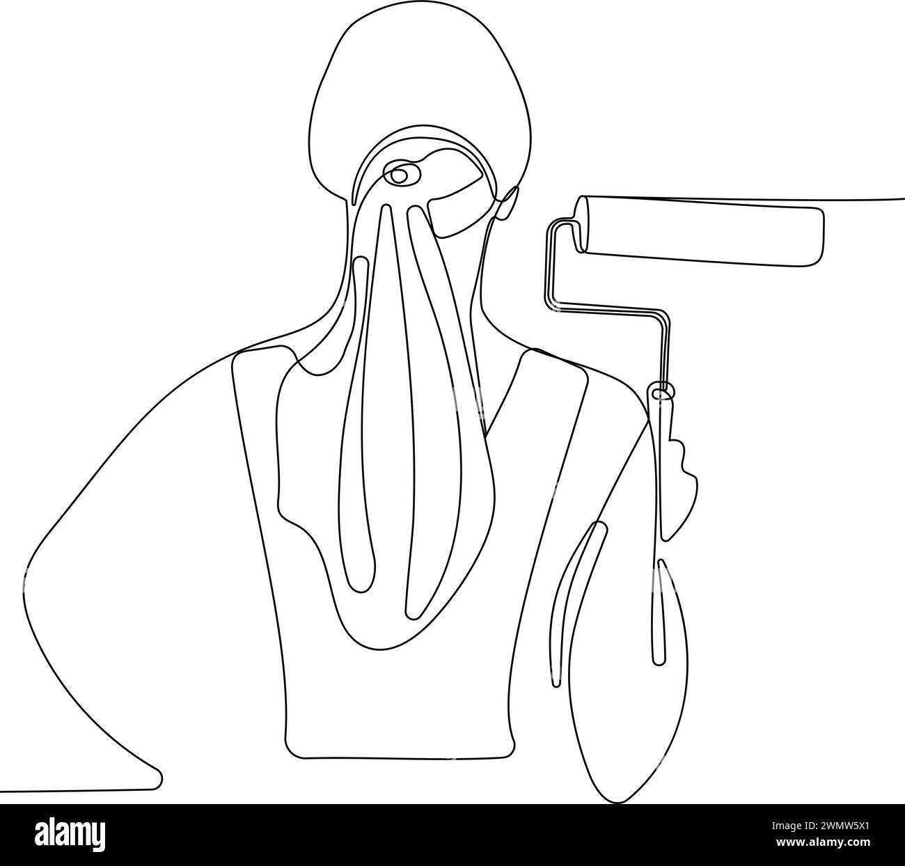 Continuous one line drawing of Painter woman holding a paint roller on ...