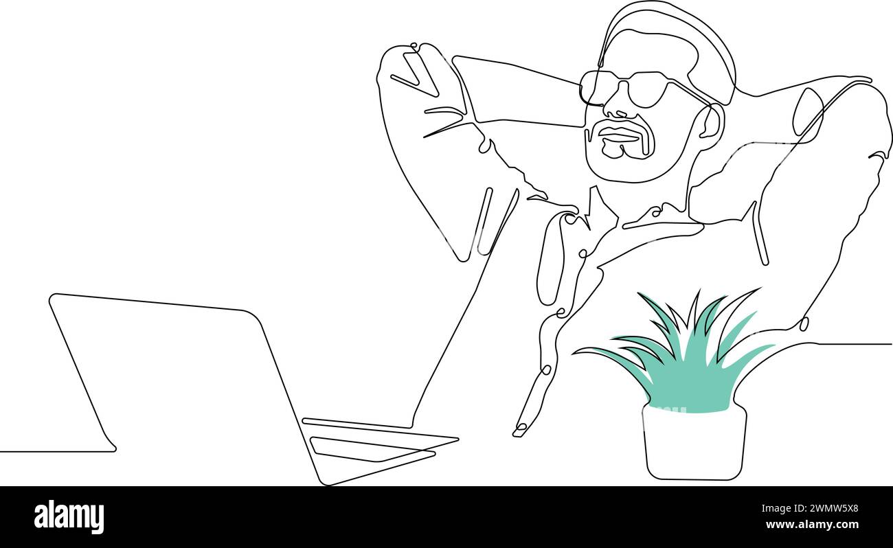 One single line drawing of young happy calm millennial man in glasses ...