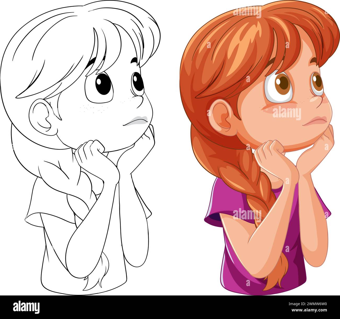 Two kids pondering, one colored and one line art Stock Vector Image ...