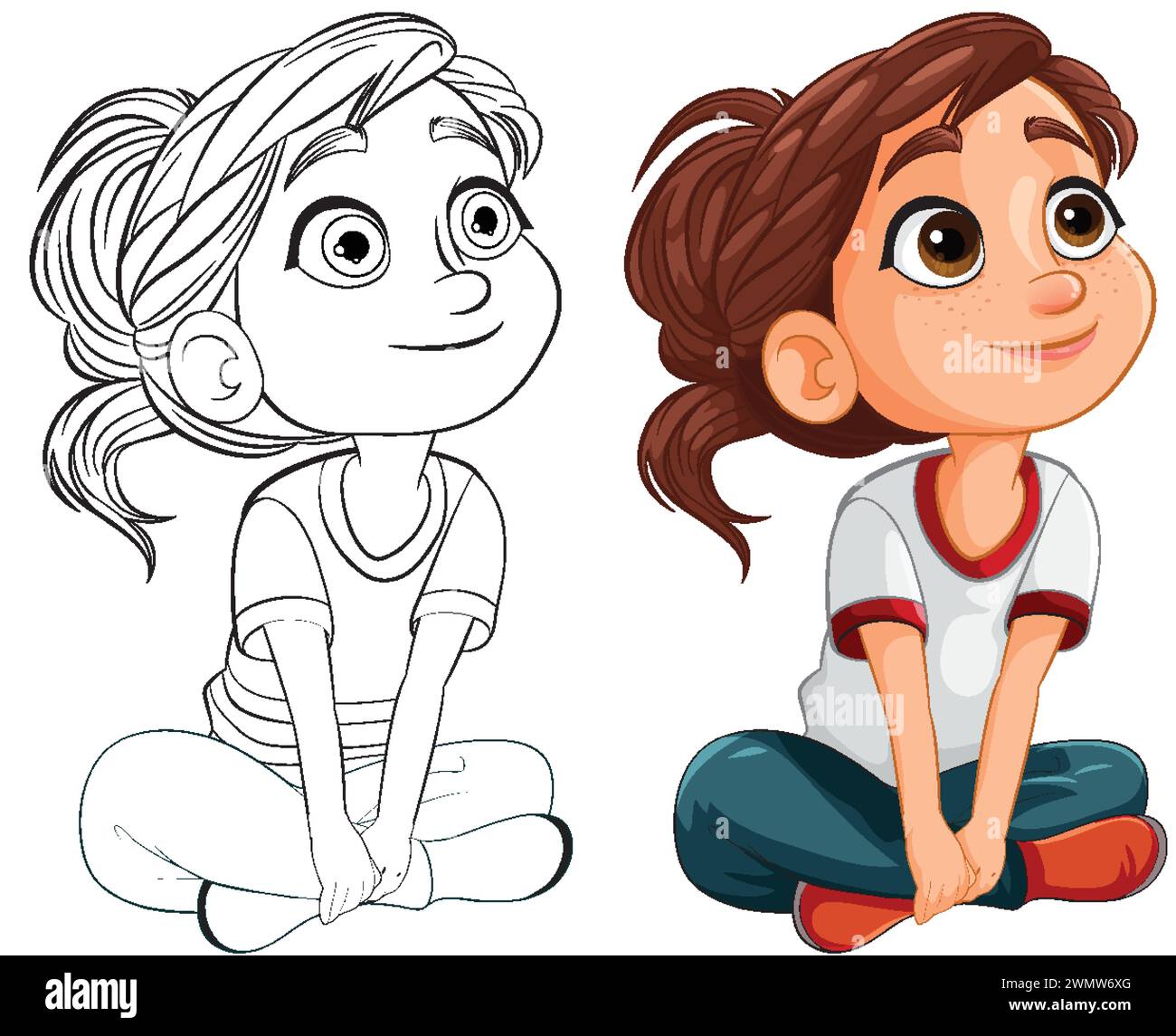 Two animated girls sitting, smiling, and looking up Stock Vector Image ...
