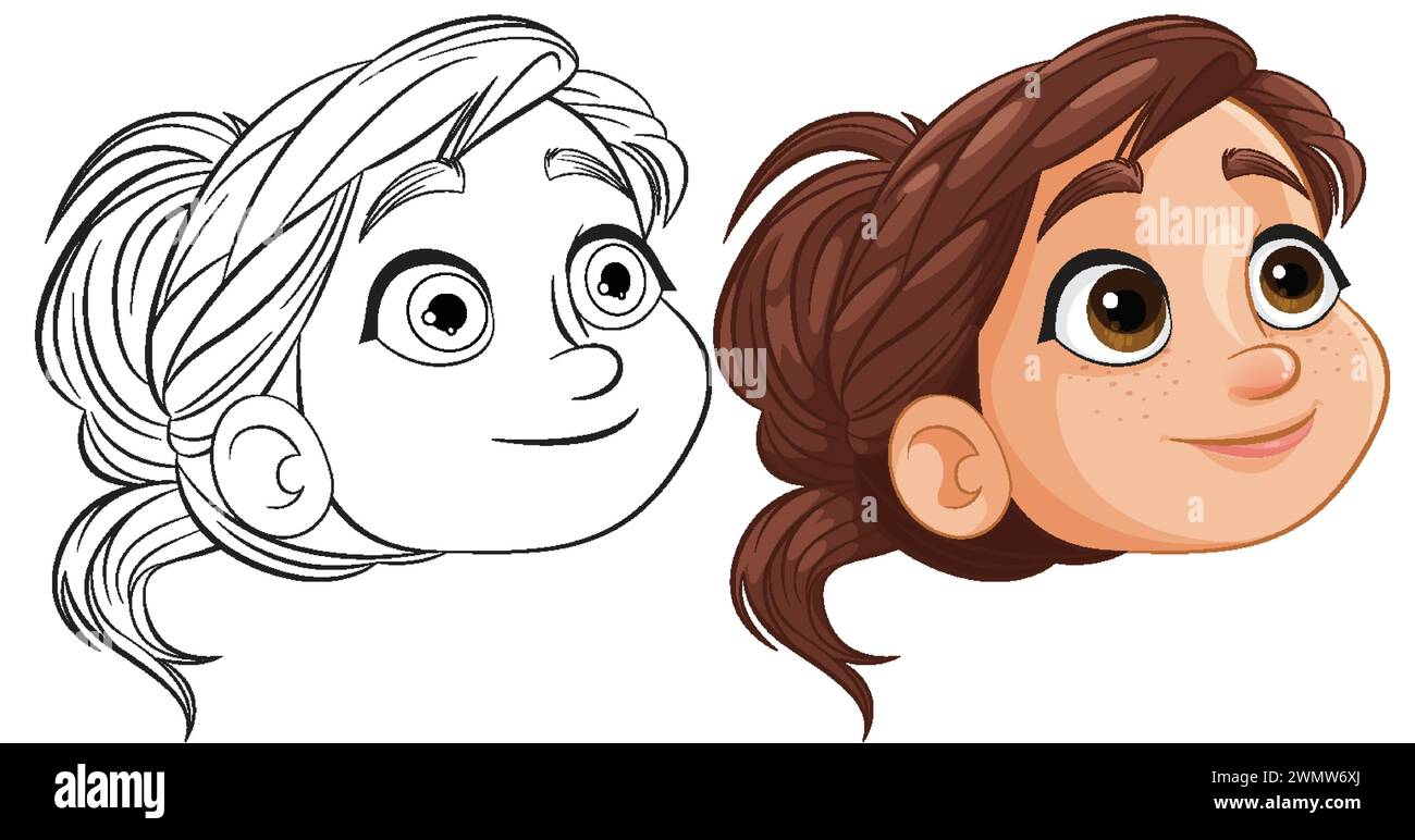 Two smiling cartoon character faces, one colored, one outlined Stock ...