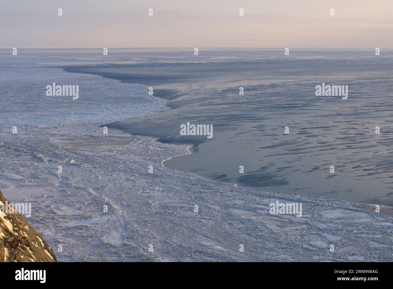 winter strange large open lead in march looking out at the Arctic ocean ...