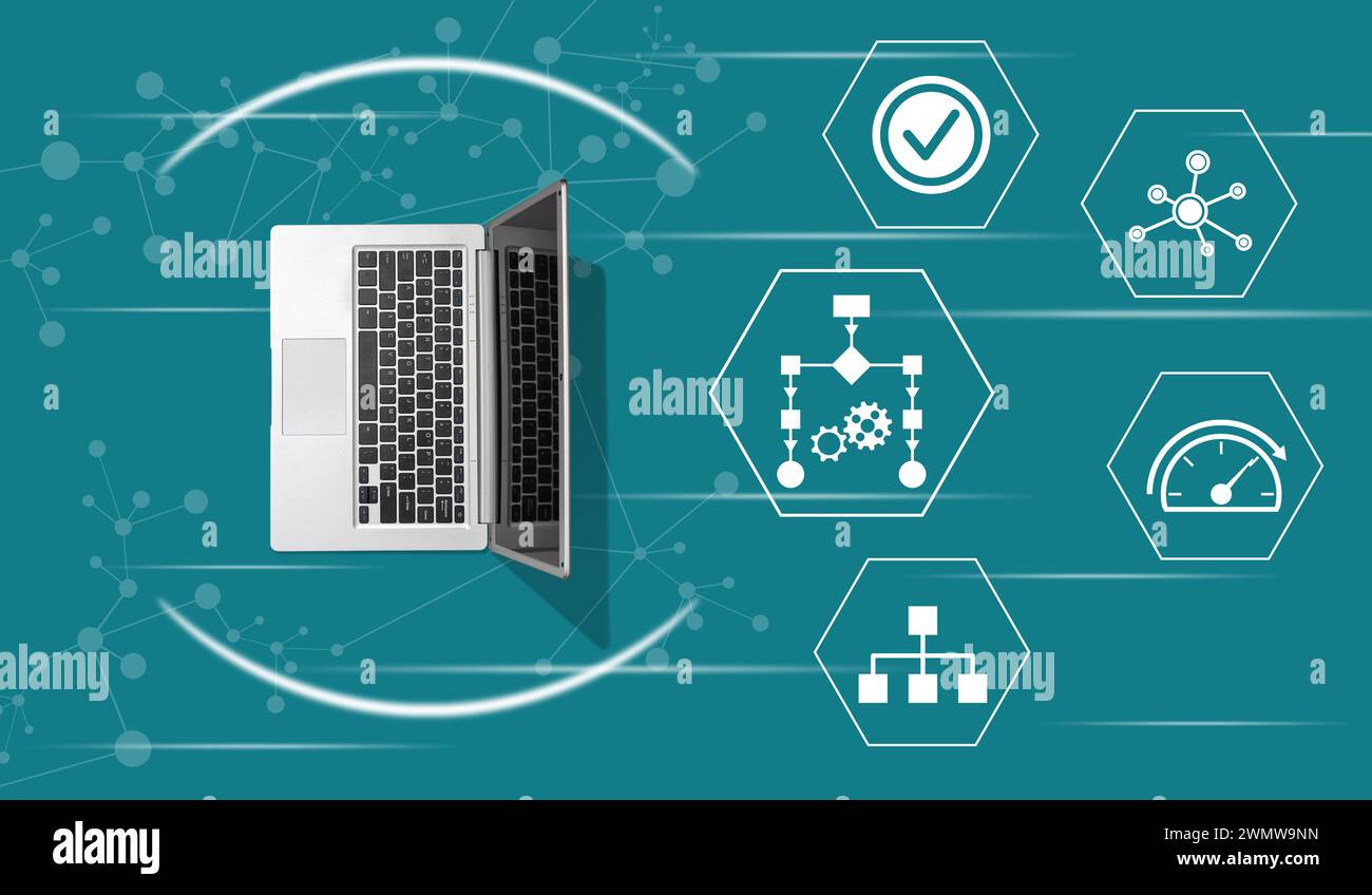 Top view of laptop with symbol of workflow concept Stock Photo - Alamy