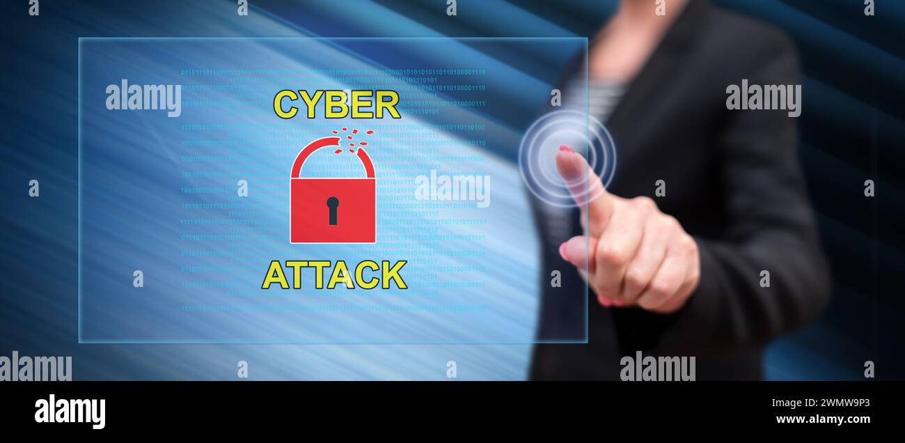 Woman touching a cyber attack concept on a touch screen with her finger ...