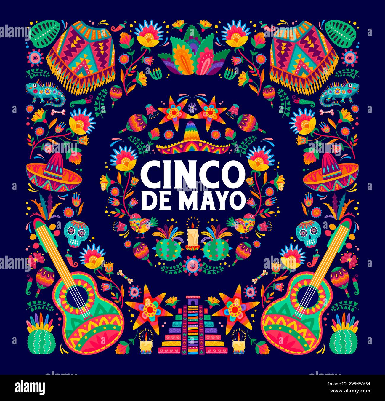 Mexican Cinco de Mayo holiday banner with tropical flowers and ethnic ...