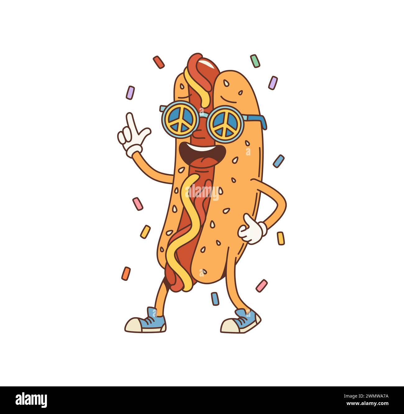 Cartoon hot dog groovy character. Isolated vector psychedelic fast food ...