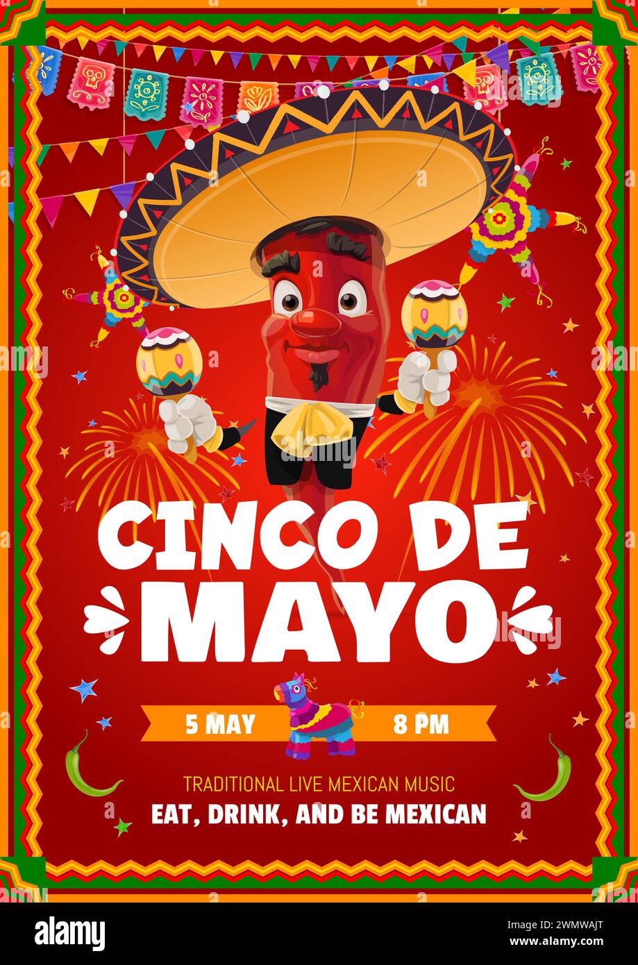 Cinco De Mayo Mexican holiday flyer for fiesta party with chili pepper ...