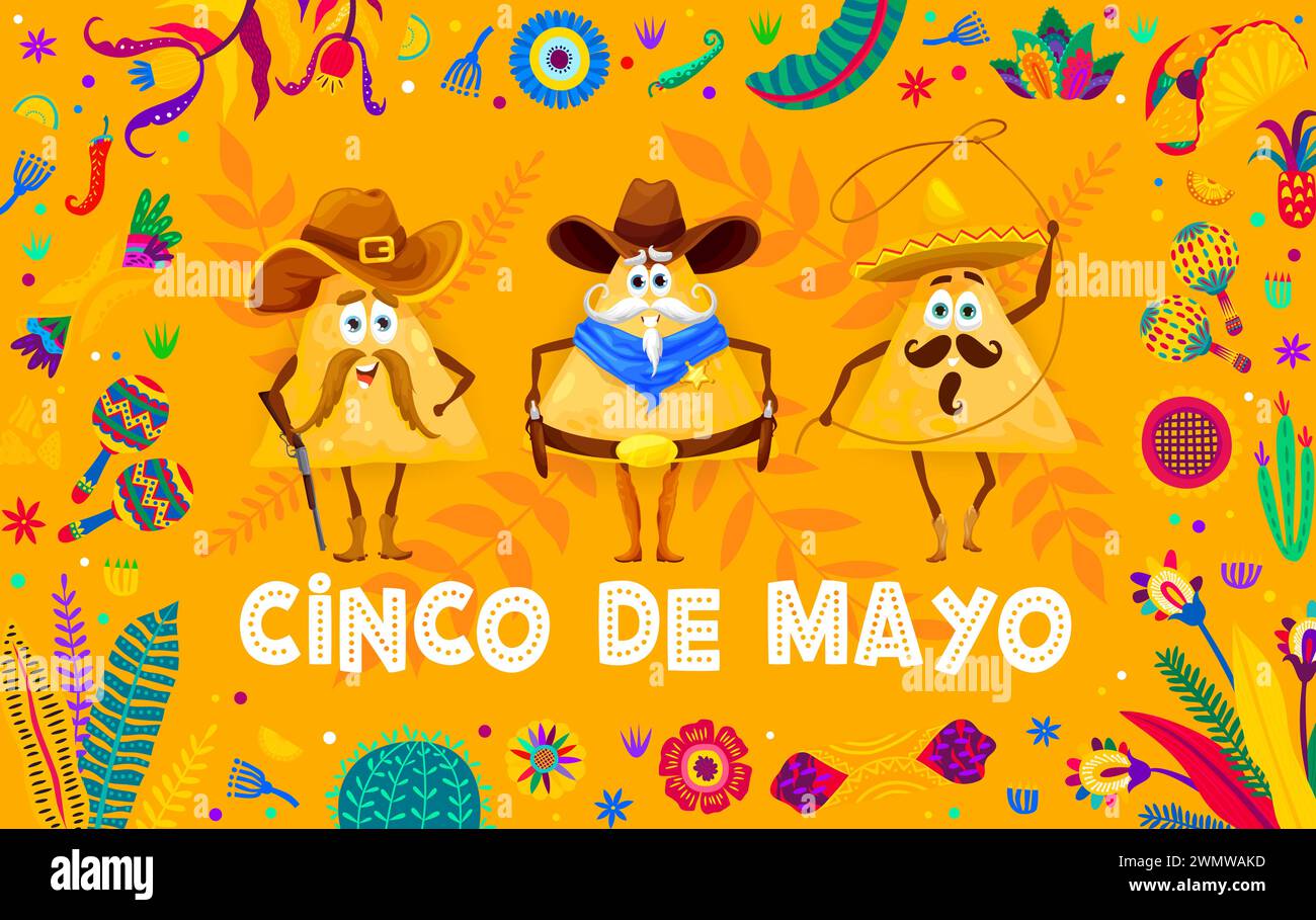 Cinco de Mayo banner with cartoon Mexican nachos cowboy characters ...