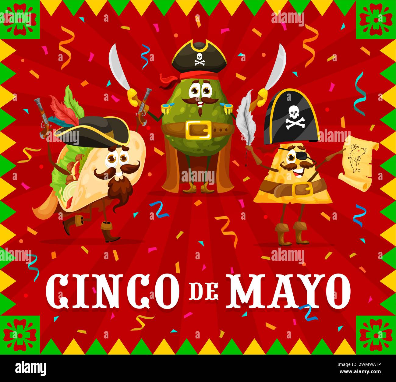Mexican food pirate characters on Cinco de Mayo holiday fiesta, vector ...