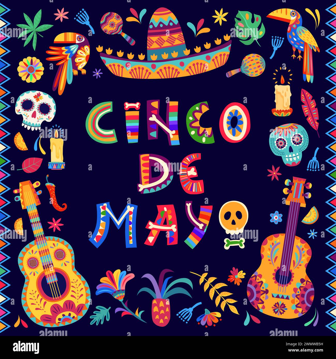 Cinco de mayo mexican holiday banner with calavera sugar skulls, toucan ...