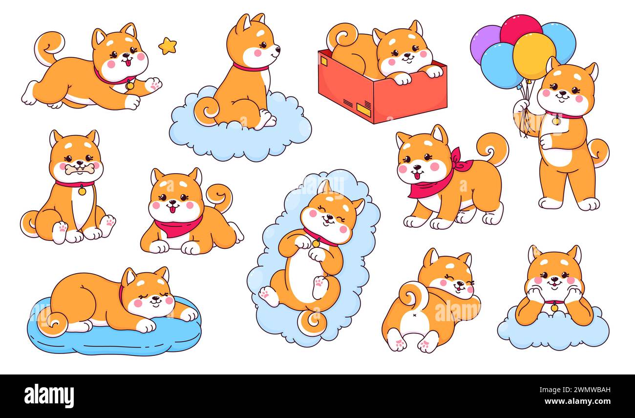 Cartoon kawaii shiba inu dog and puppy characters, cute pet animals ...