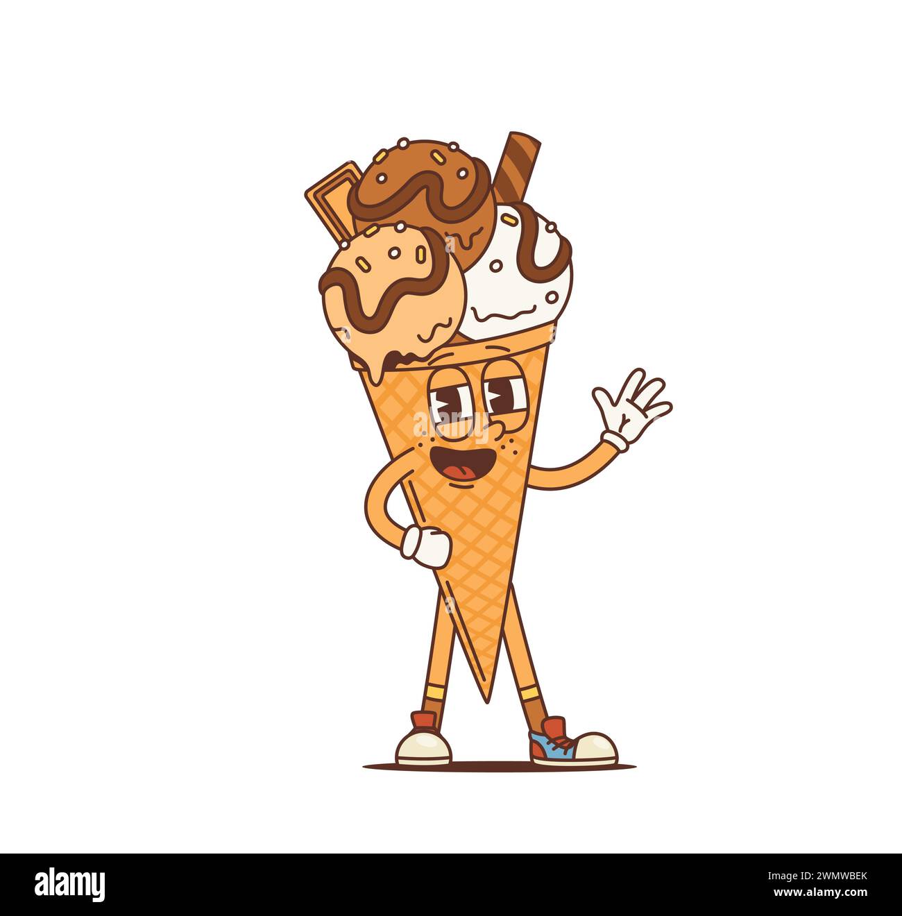 Cartoon ice cream cone groovy character. Isolated vector psychedelic ...