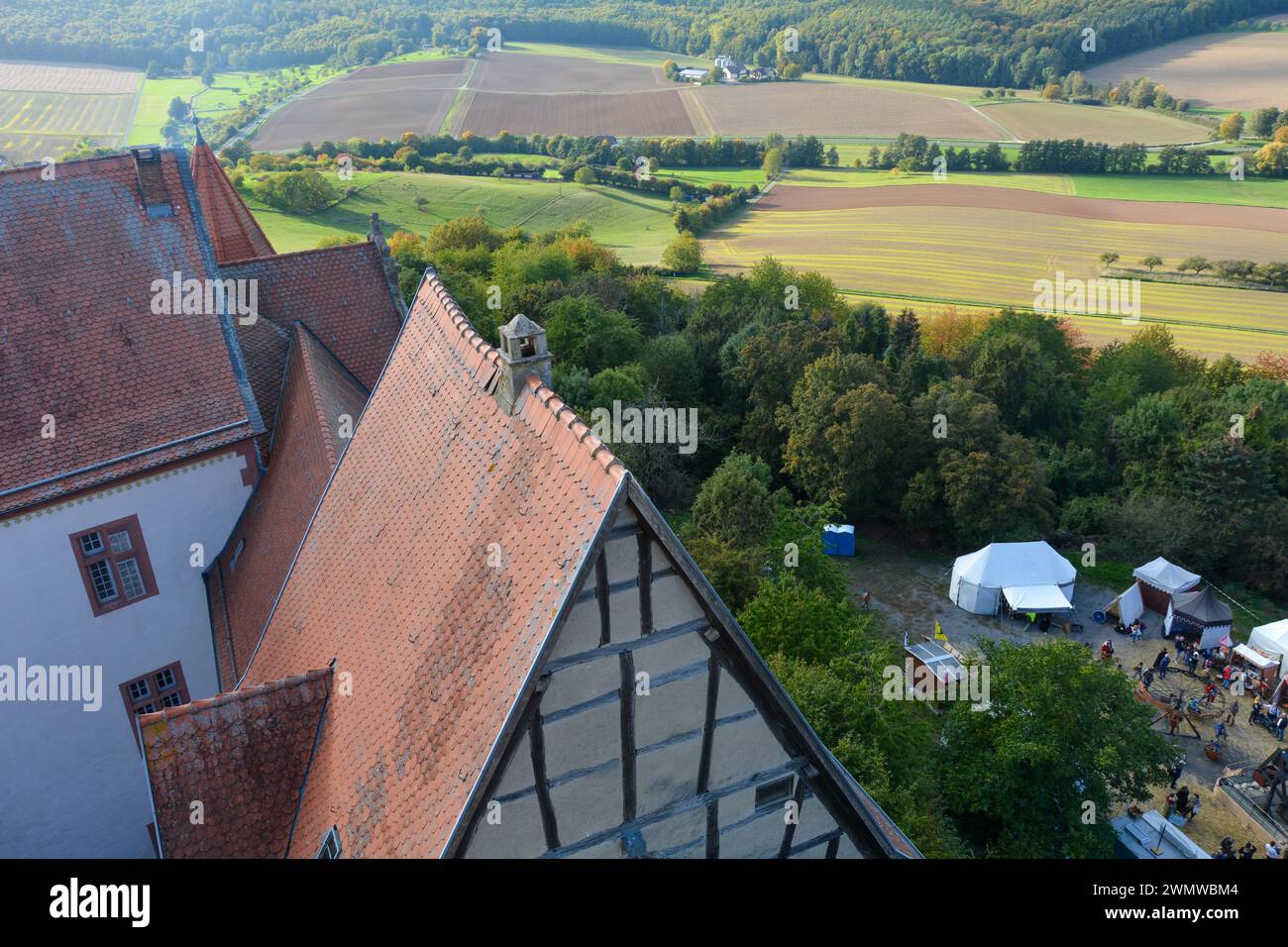 View from above of the roof of an old castle, green landscape , trees ...