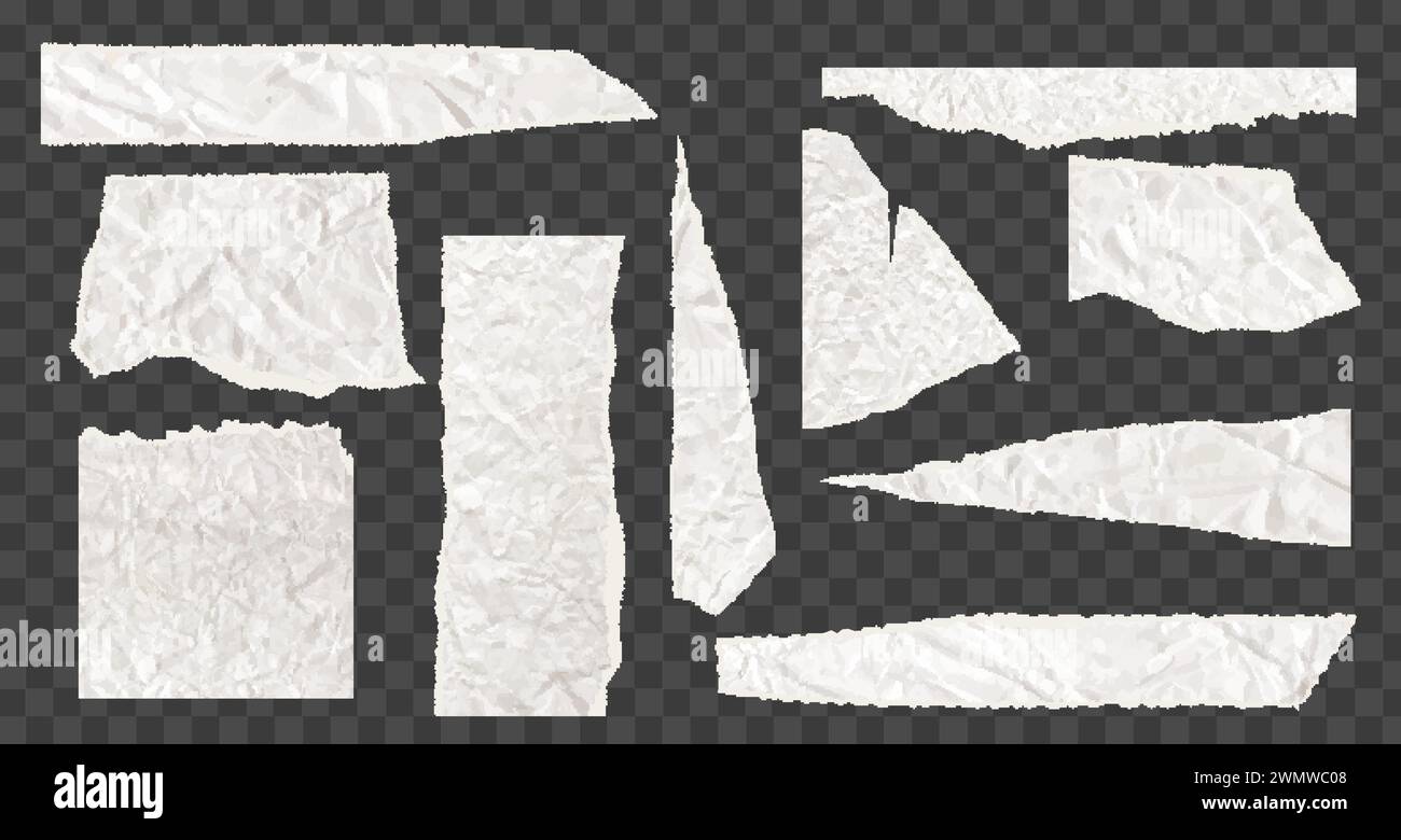 Set of torn paper pieces. White grunge jagged borders, corners and ...