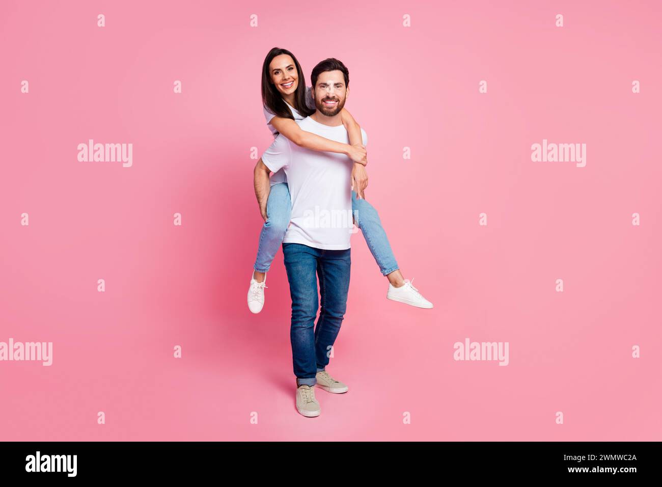 Full size photo of attractive young couple piggyback dating have fun ...