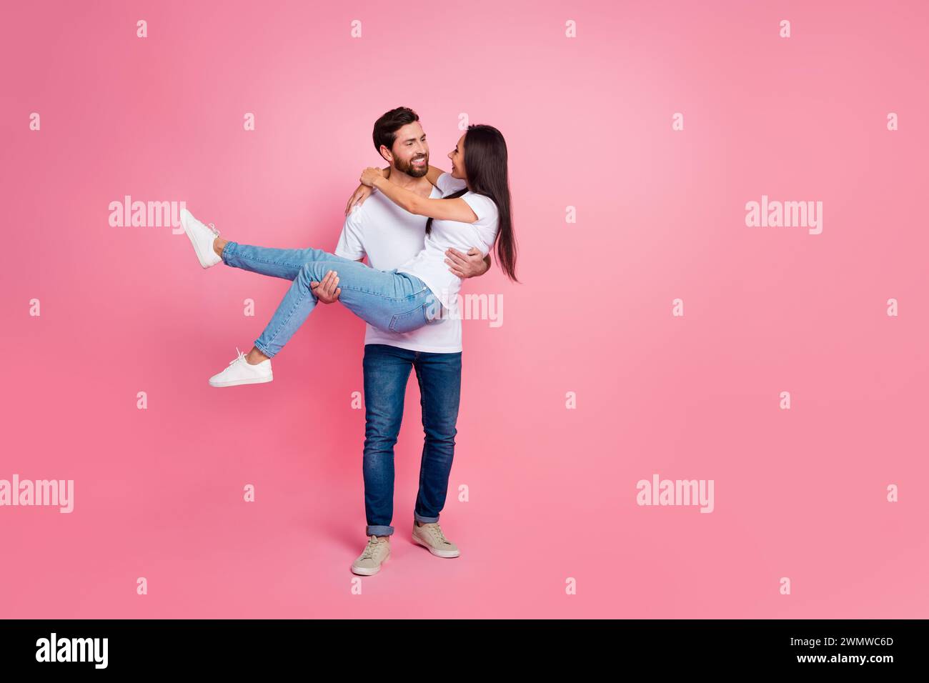 Full size photo of attractive young couple carry hold girlfriend wear ...