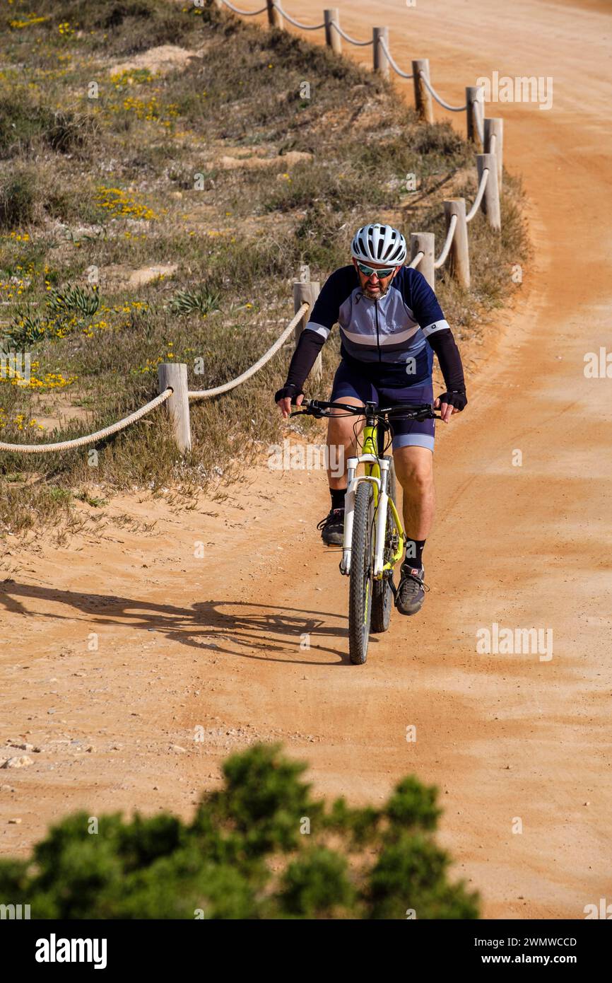 tourist cycle on Illetes Path, Formentera, Pitiusas Islands, Balearic ...