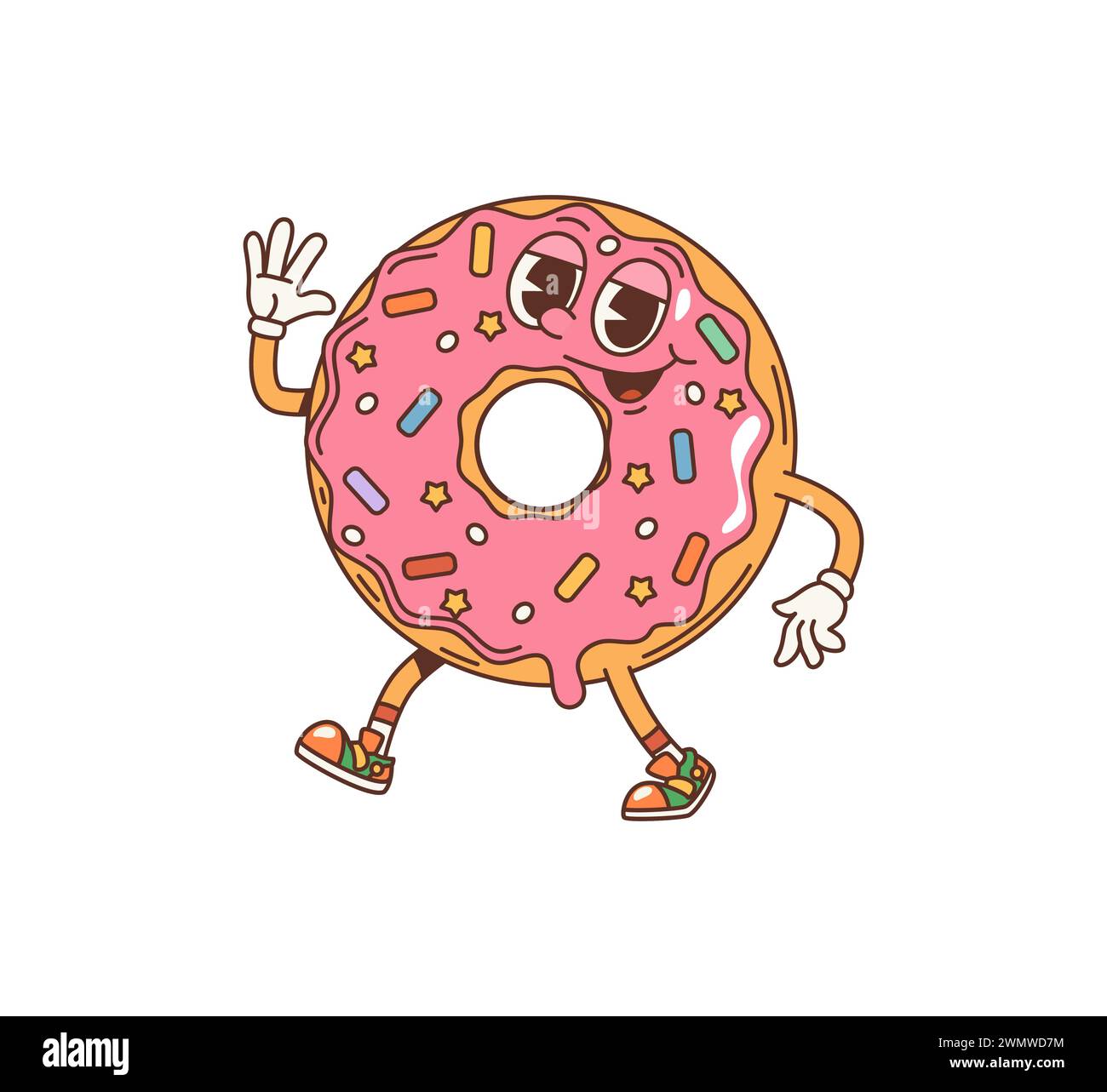 Cartoon donut groovy character. Isolated vector vibrant doughnut pastry ...