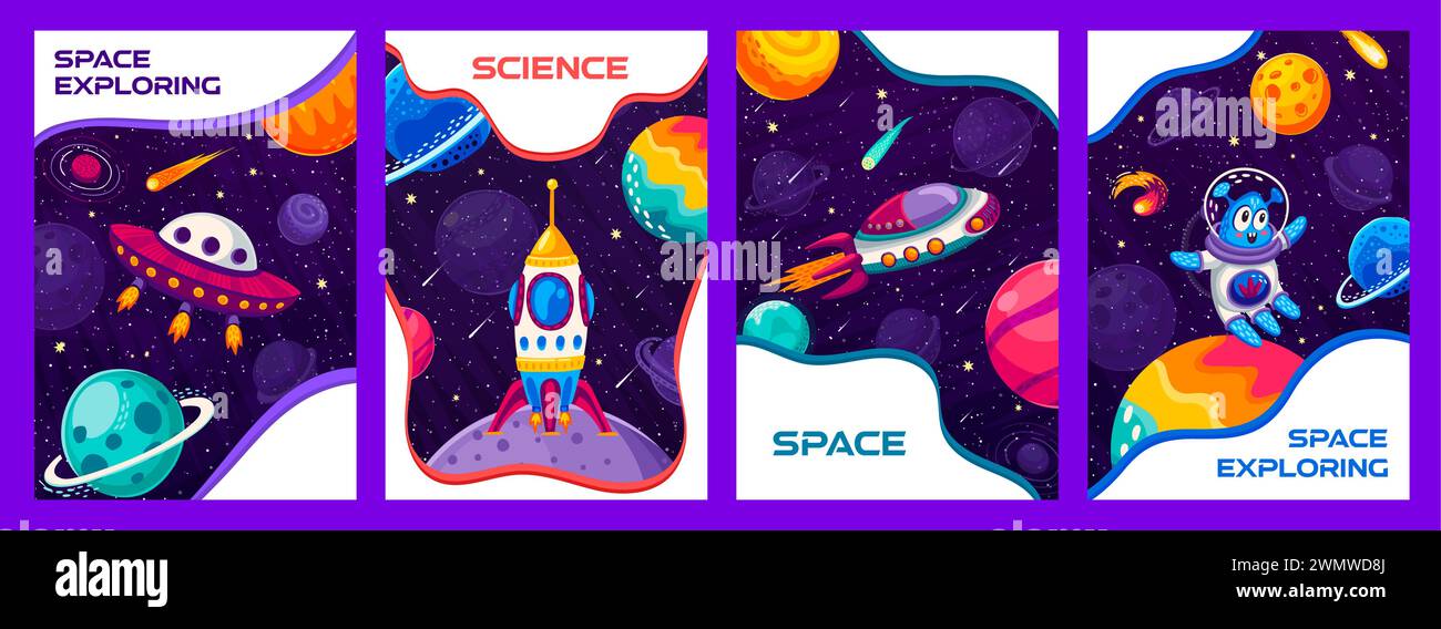 Space posters. Cartoon alien characters, rocket, spaceship and starship ...