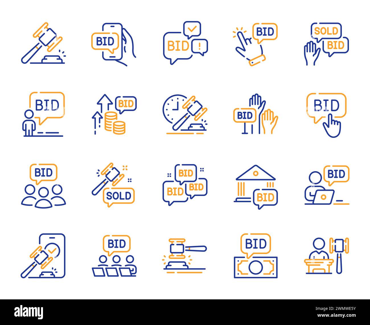 Auction line icons. Deal hammer, bid offer and law justice act set ...