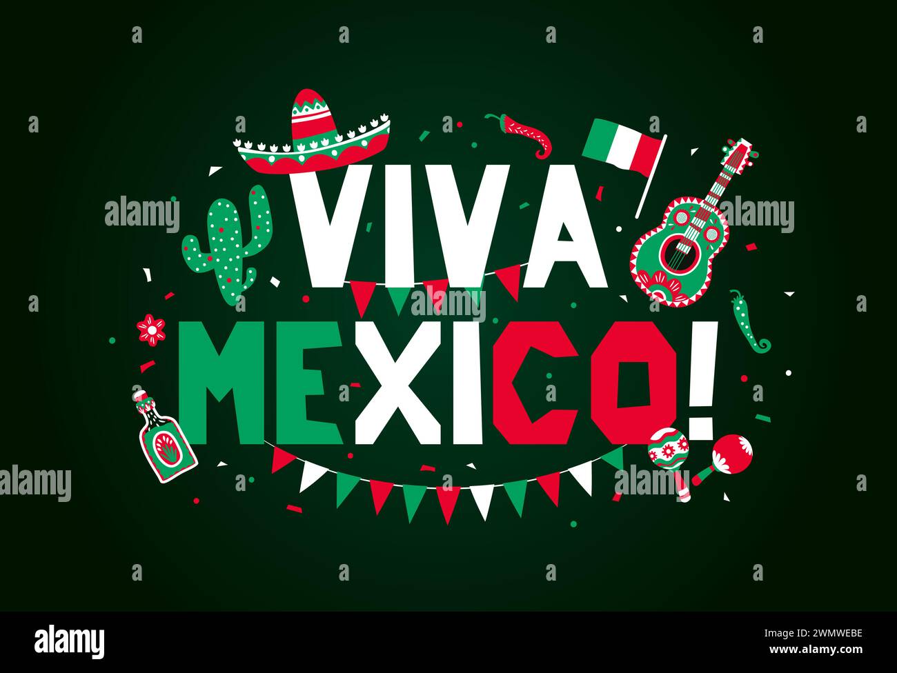 Viva Mexico banner for national Mexican Independence Day with sombrero ...