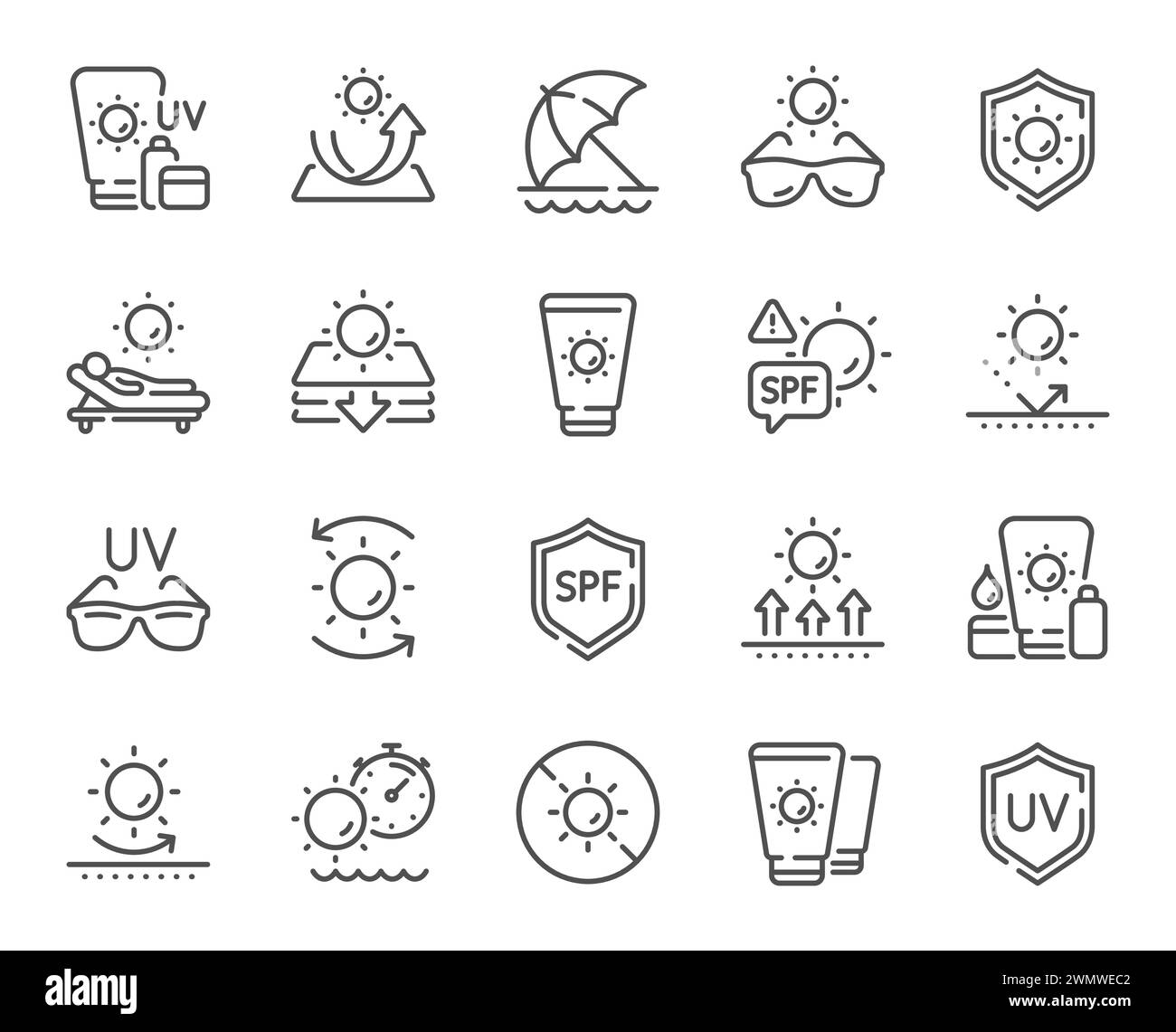 Sun protection line icons. Sunscreen, beach lounger and umbrella set ...