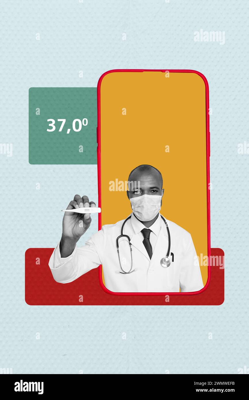 Creative drawing collage of man doctor online device thermometer ...