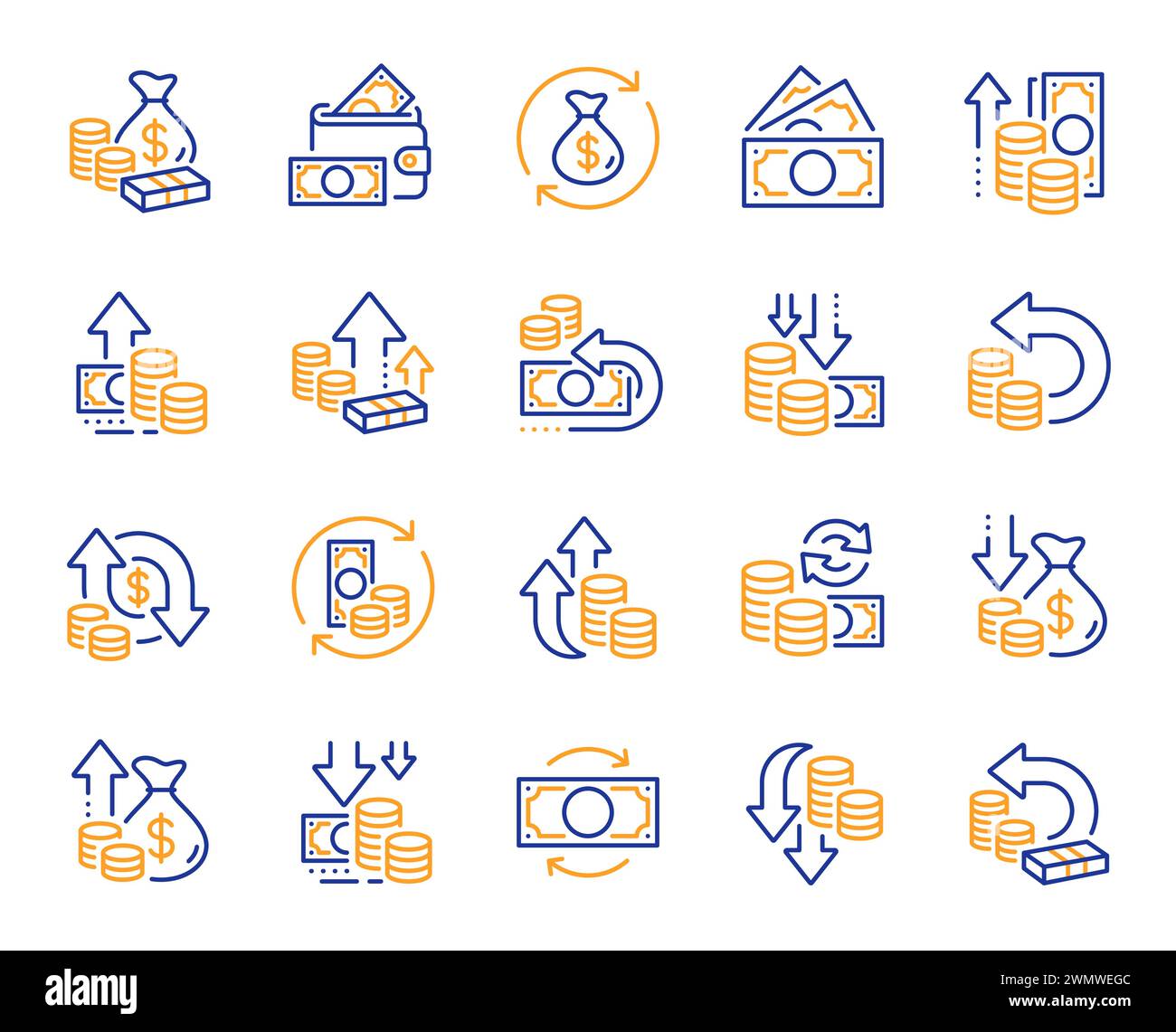 Money line icons. Finance, revenue reduction and financial benefit ...